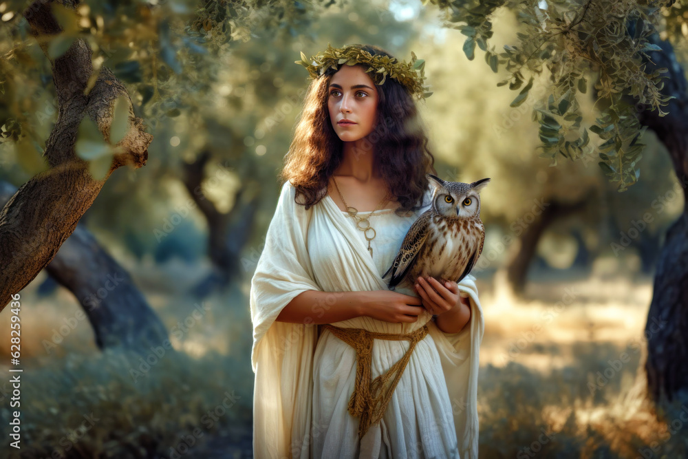 Greek goddess Athena wearing a white tunic and holding an owl ...