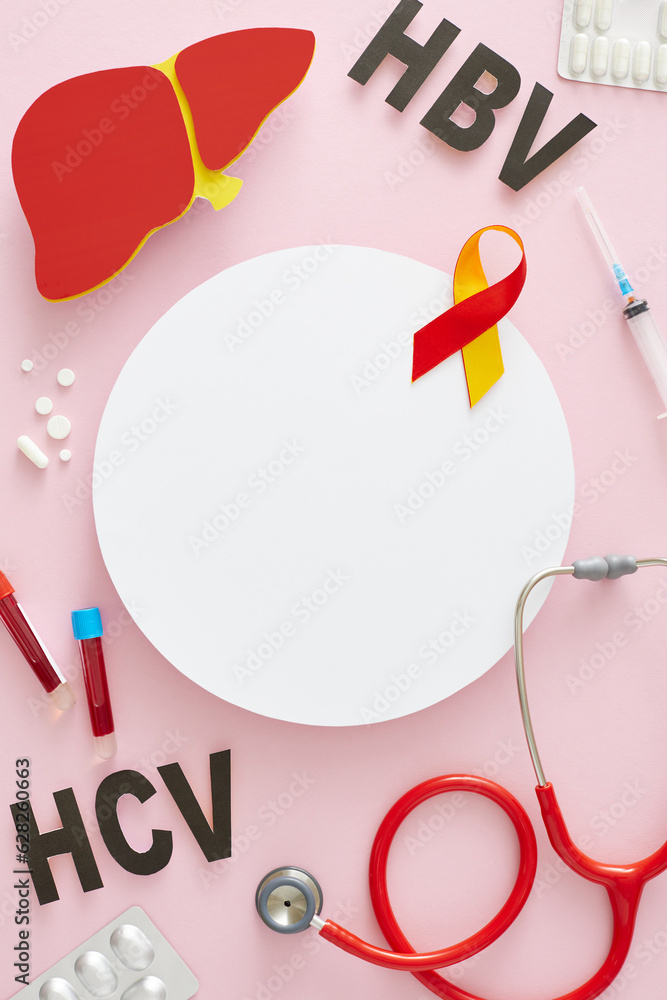 Hepatitis prevention concept. Top view of stethoscope, liver, pills ...