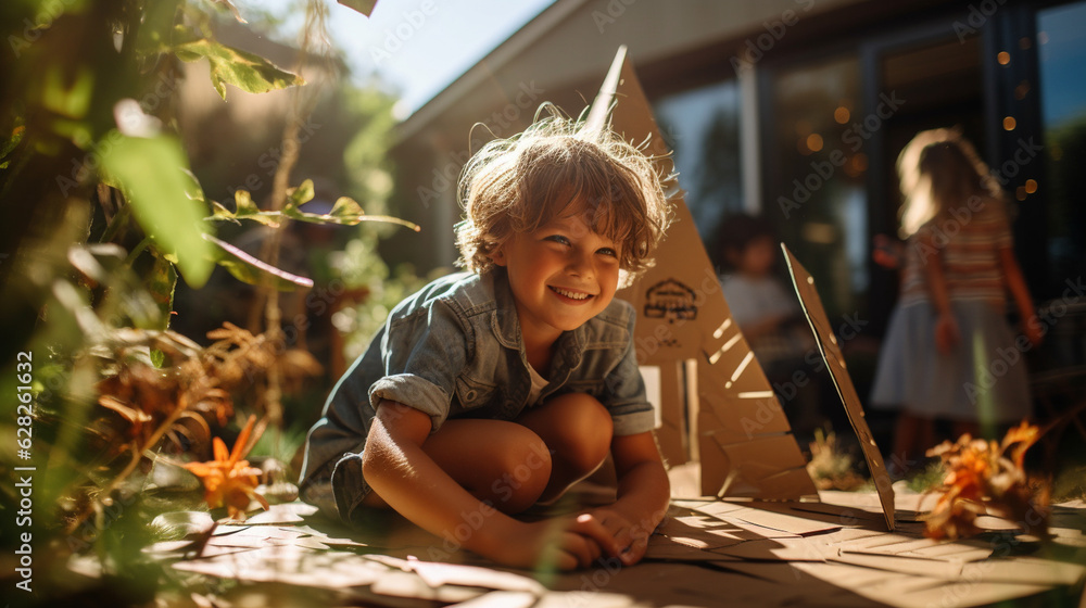 Children building a cardboard fort during playtime, banner, schoolkids ...