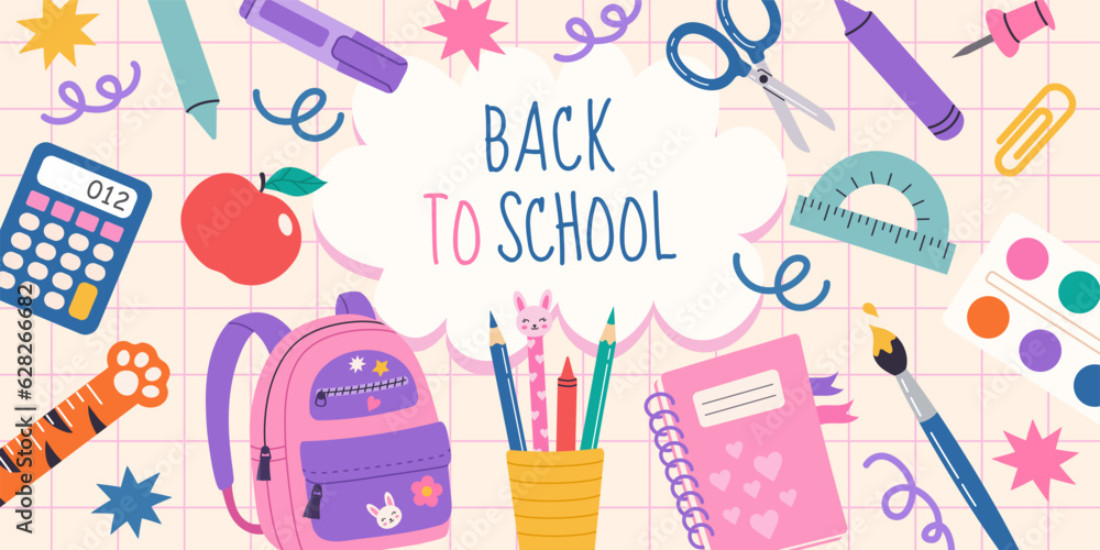 Back to school banner. Flat cartoon hand draw illustration. Vector ...