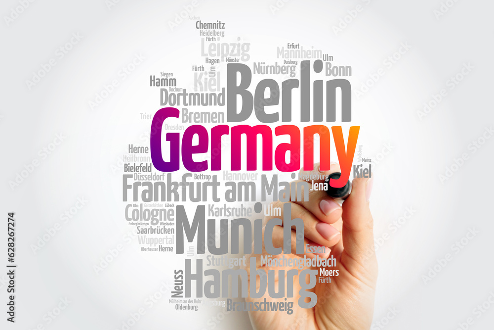 List of cities in Germany, map silhouette word cloud, travel concept ...