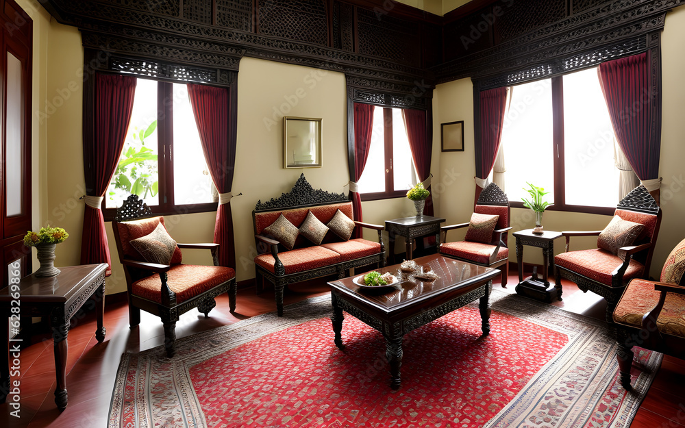 Living room javanese style with shining bright sunlight from the window ...