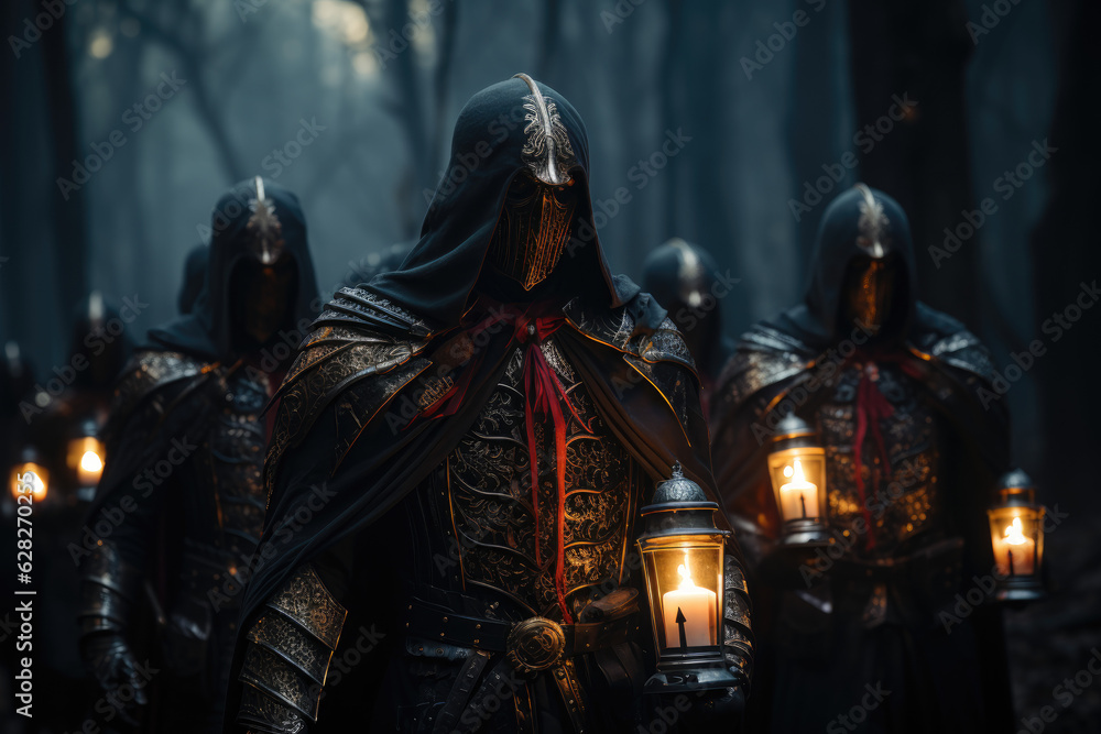 templar knights inside dark forest with torches, ordinary looking, with ...