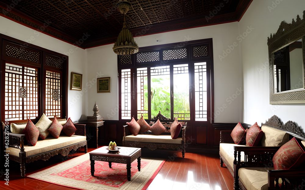 Living room javanese style with shining bright sunlight from the window ...