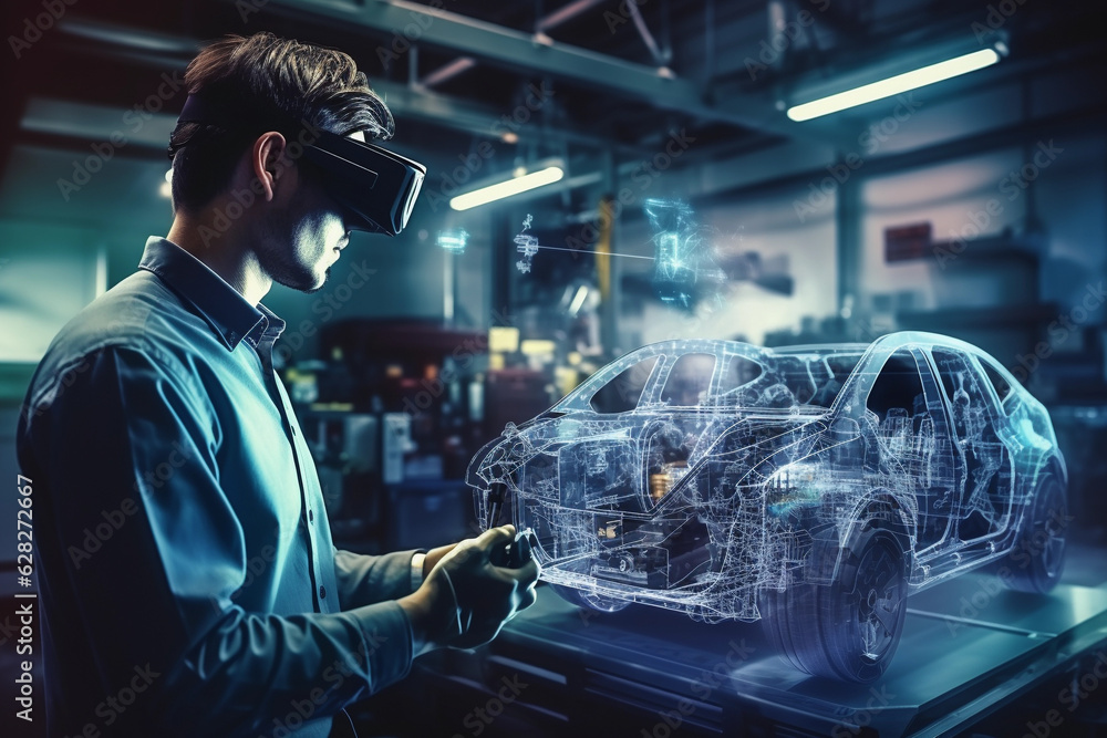 Automotive engineer working on 3D prototypes of electric cars using VR (Virtual Reality). Stock ...