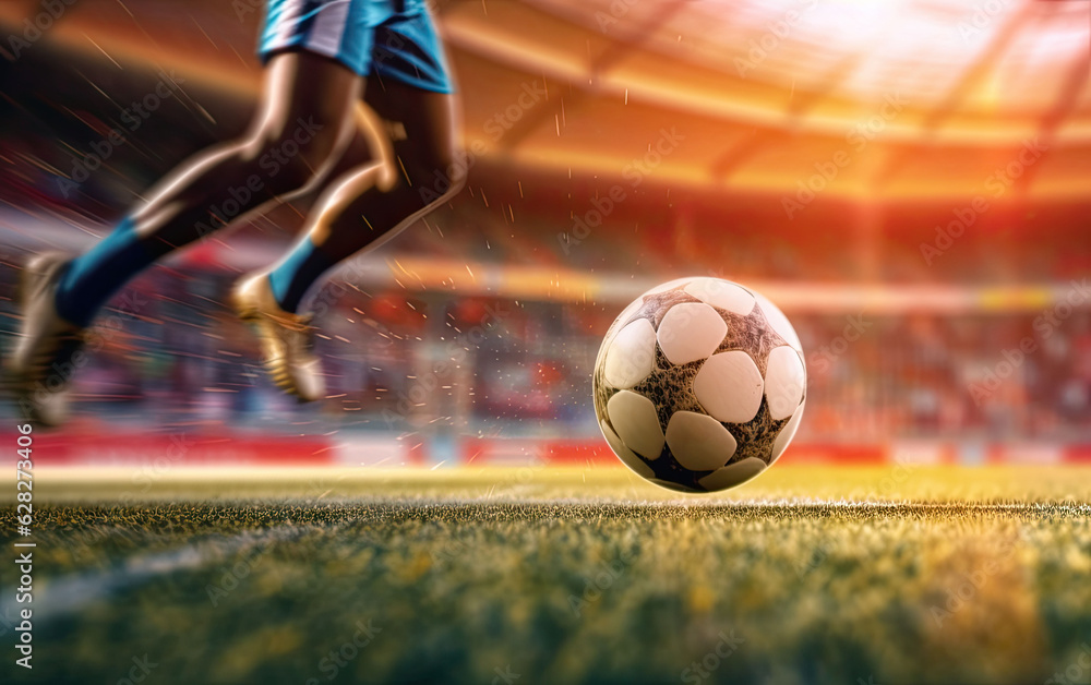 Running soccer man preparing to kick football ball, close up view of ...