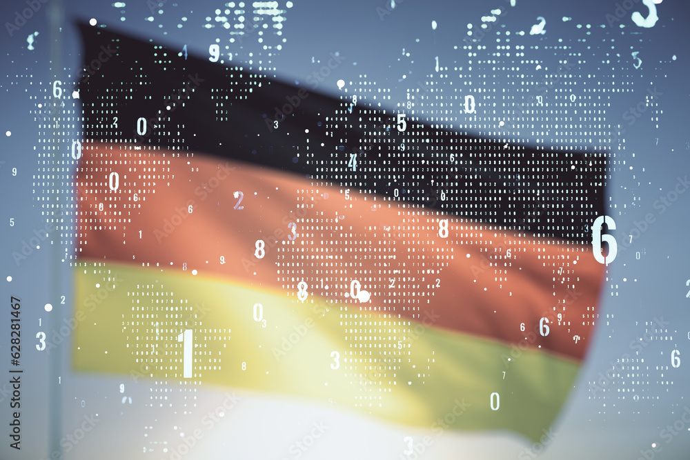 Double exposure of abstract programming language hologram and world map ...