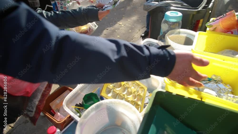 Faceless men in jackets throw foil packaging into yellow container for ... Faceless men in jackets throw foil packaging into yellow container for ...