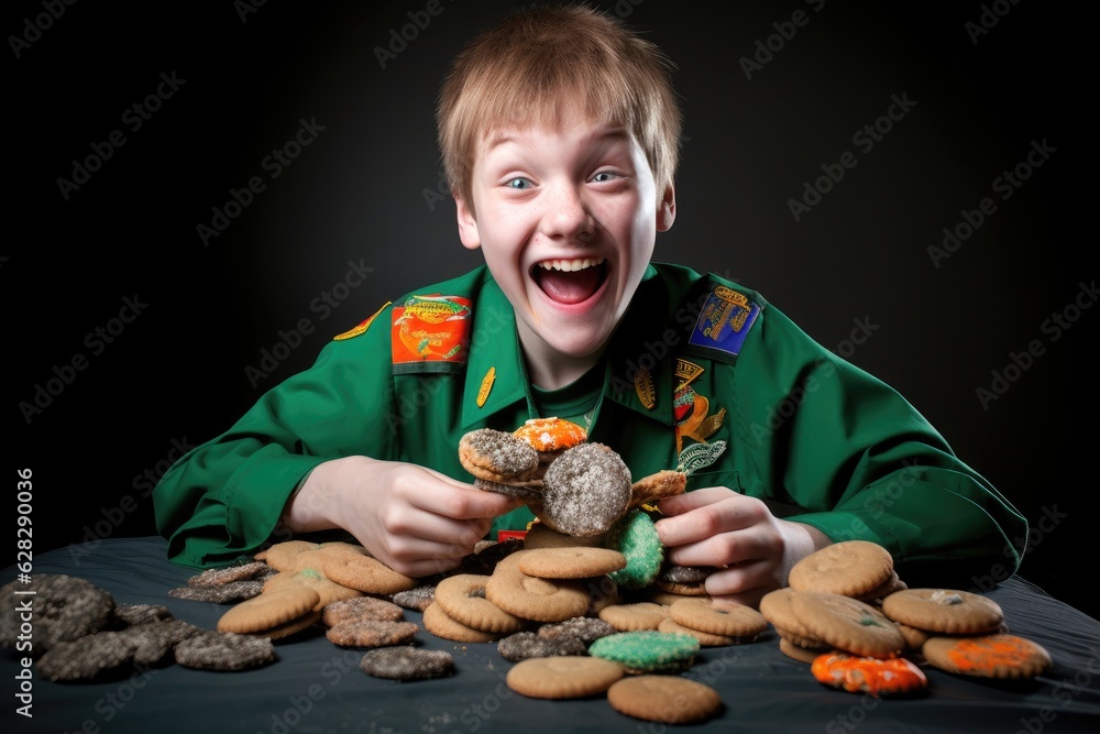 an awkward teenage boy happy about getting to eat girl scout cookies ...