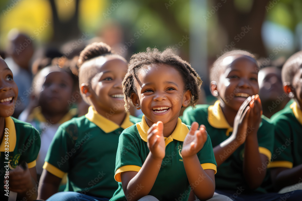Young people and children happy students gathered together celebrating ...
