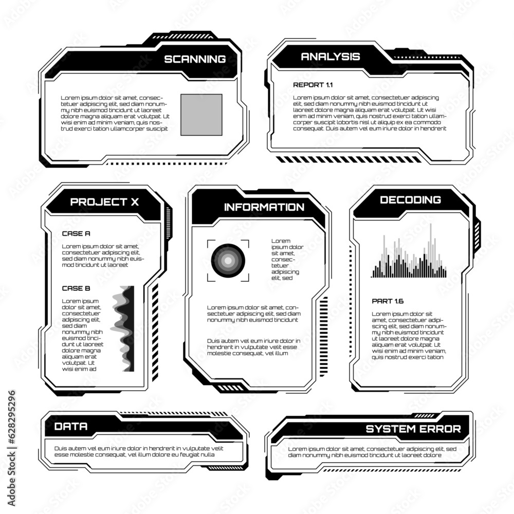 Black futuristic HUD, UI elements. Sci-fi user interface text boxes ...