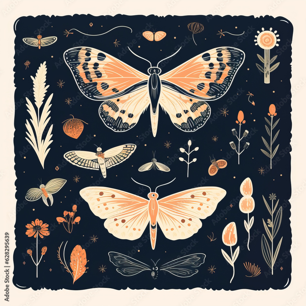 Butterfly Moth Insect Collection Set Gouache Paint Vintage Style Icons ...