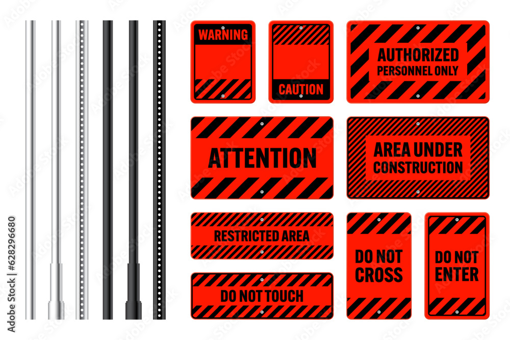 Grafika wektorowa Stock: Warning, danger signs, attention banners with ...