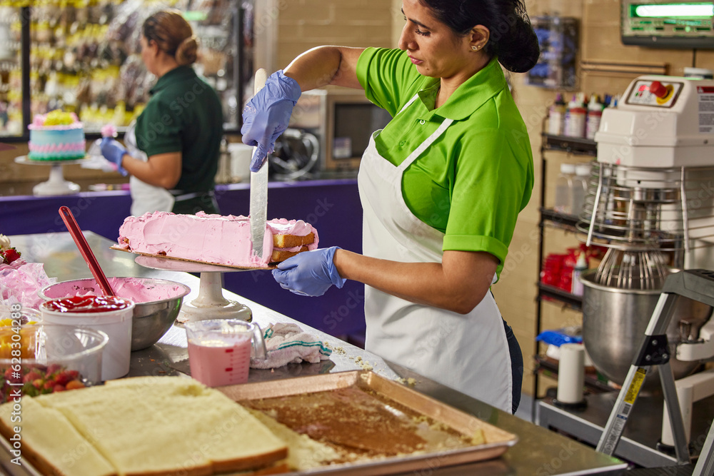 Female baker building layered cake in latin market bakery, spreading on ...