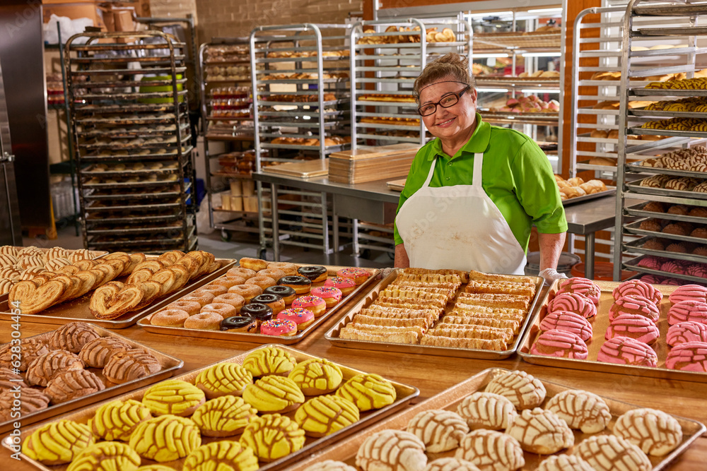 smiling female baker with glasses, apron and hair net in commercial ...