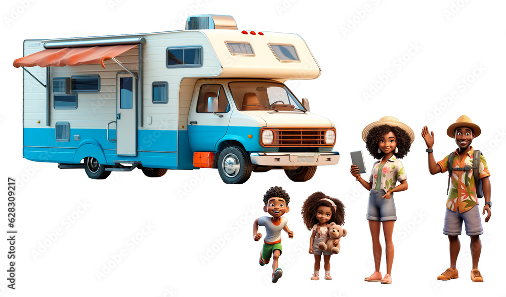 African American happy family ready for vacations in VR motorhome ...