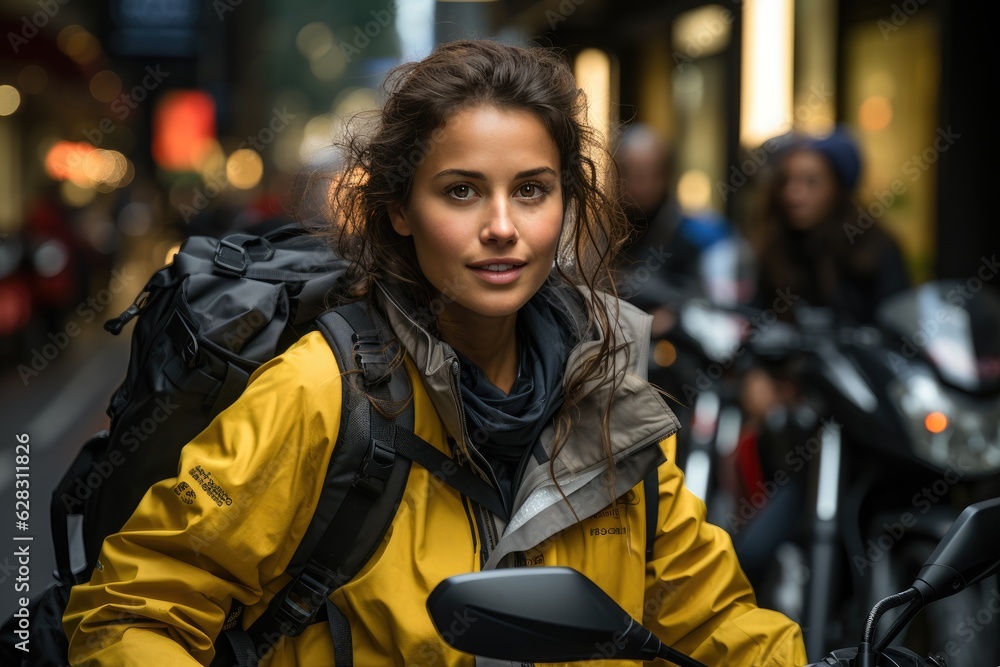 A food delivery woman riding a bike with a backpack full of food ...