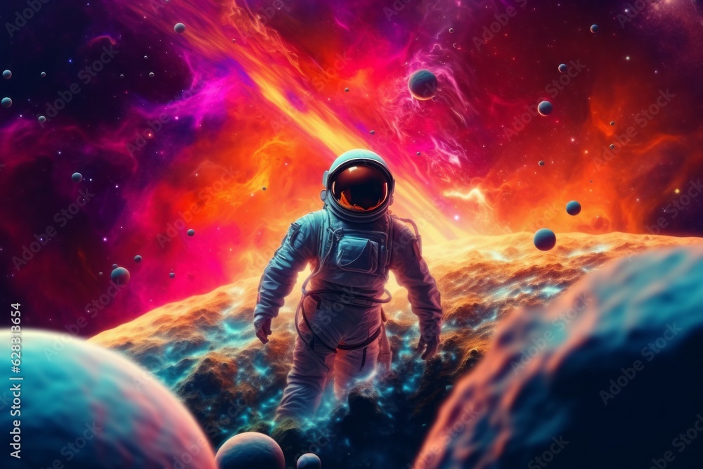 Cosmonaut or astronaut in rainbow colors. Background with selective ...