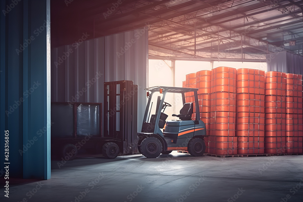 forklift handling empty tin cans from container into warehouse ...