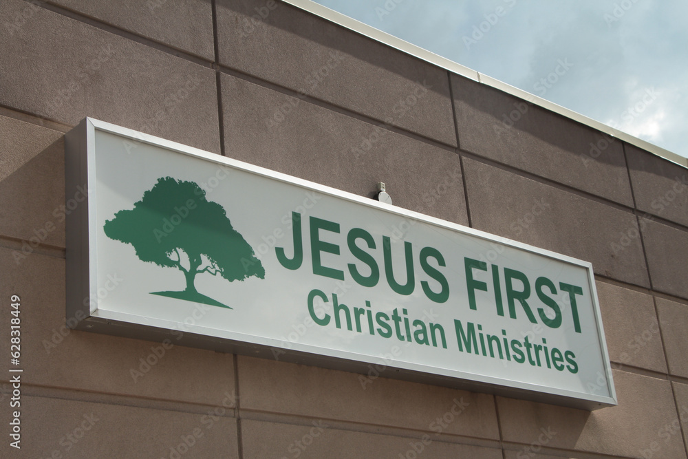 jesus first christian ministries rectangle sign in green writing on ...