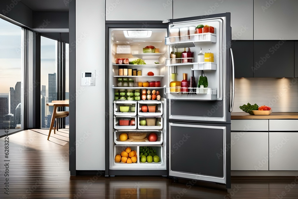an open luxury refrigerator filled with lots of different types of food ...