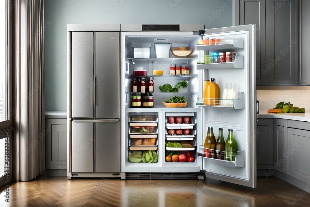 an open luxury refrigerator filled with lots of different types of food ...