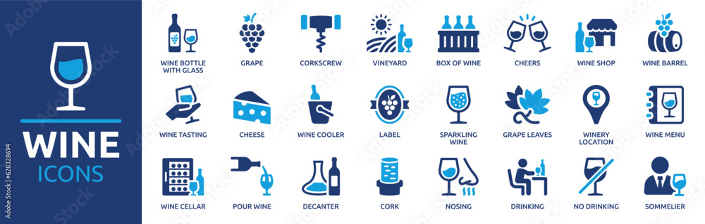 Wine icon set. Containing wine bottle, wine glass, grape, corkscrew ...
