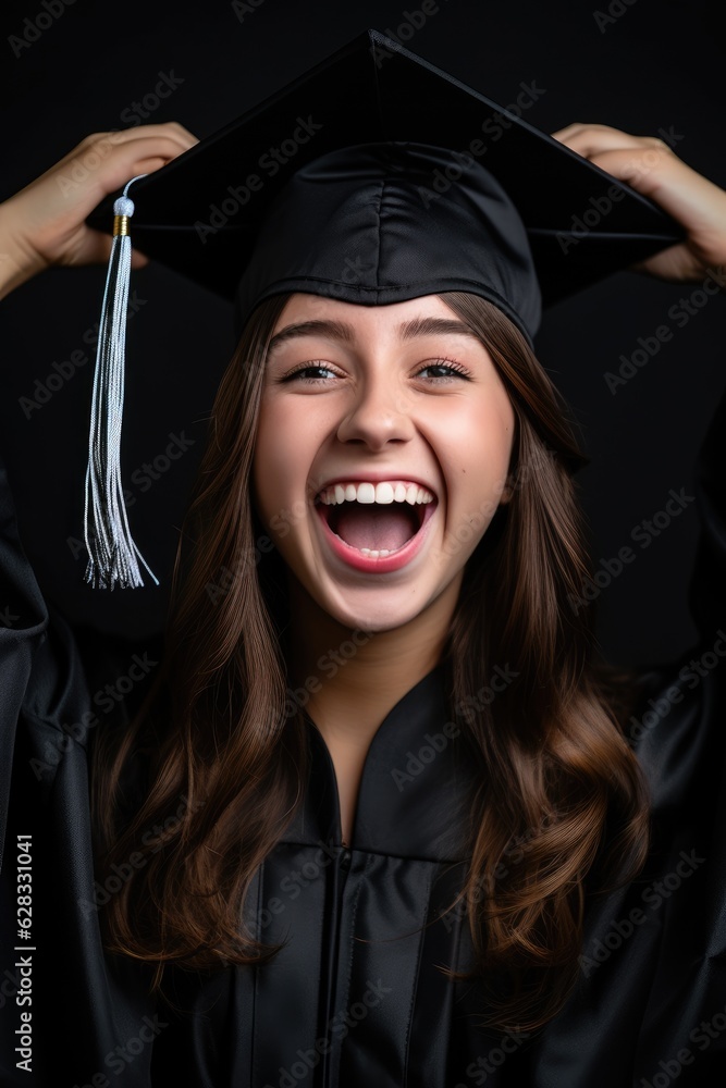 Teenager girl rejoicing after graduating, wearing black tunic and cap ...