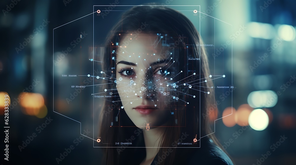 Serious business woman and smart technology for face recognition ...