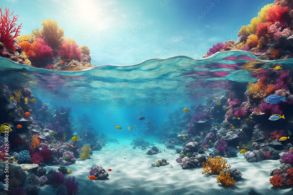 Colorful underwater reef landscape and sea creatures on the blue ocean ...
