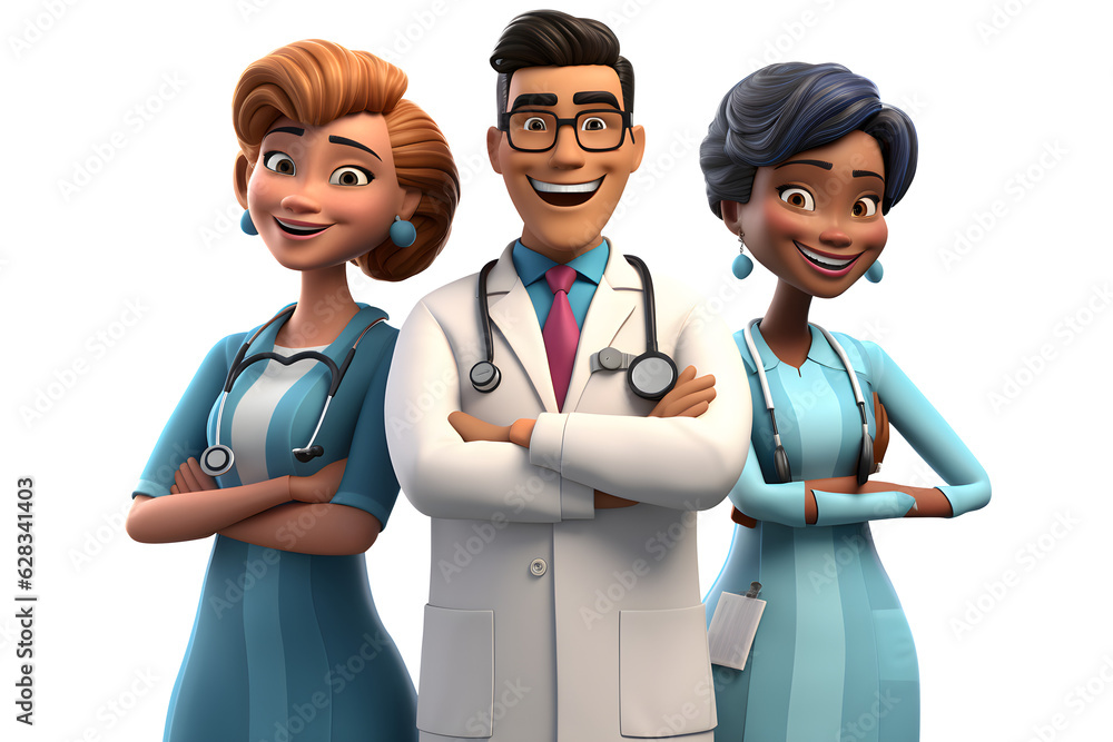 3D cartoon character smiling group of doctors and nurses standing ...