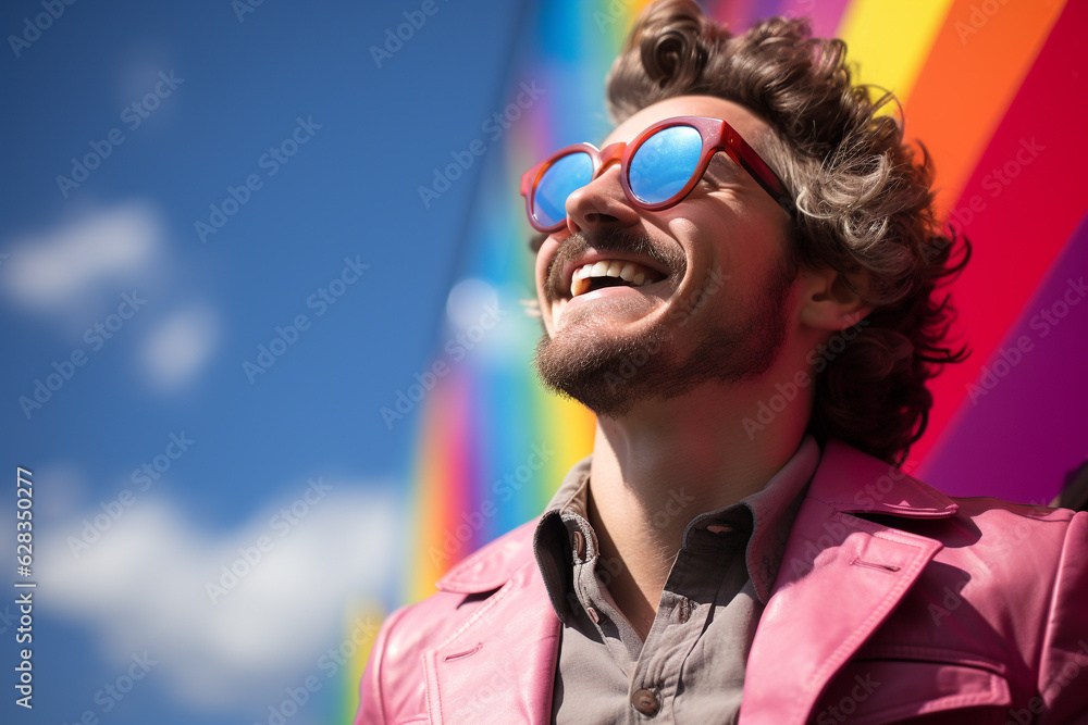 smiling gay man stands proudly in front of a vibrant rainbow pride flag ...