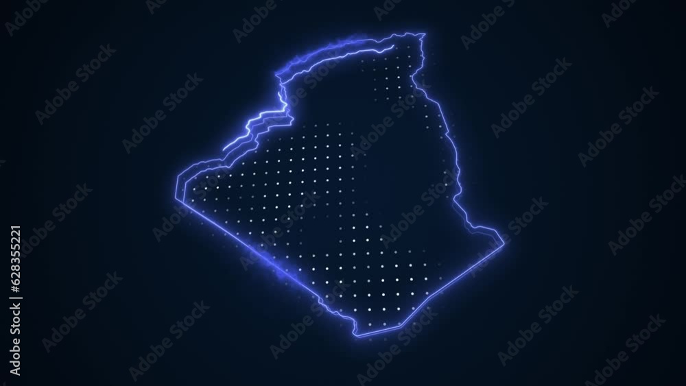 3D Moving Neon Blue Algeria Map Borders Outline Loop Background. Neon ...