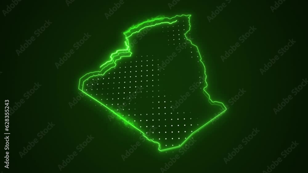3D Moving Neon Green Algeria Map Borders Outline Loop Background. Neon ...