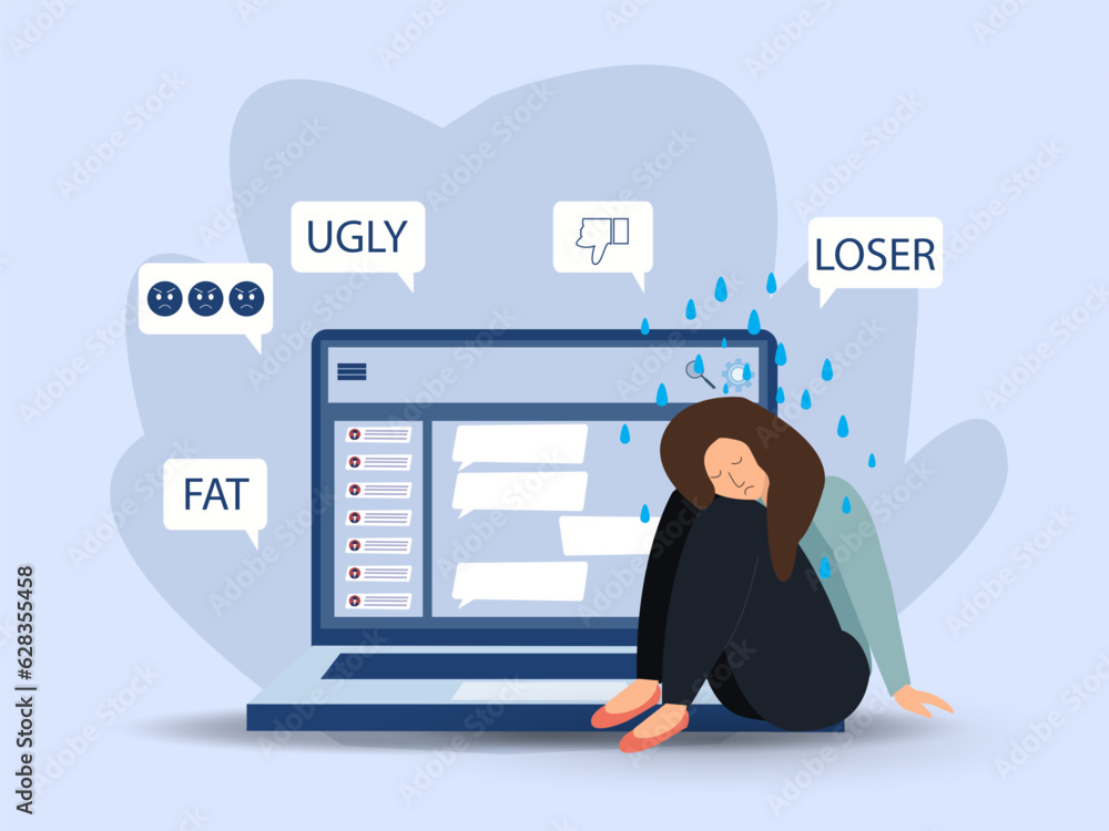 Cyber bullying. Sad woman with laptop receiving pop up messages. Online ...
