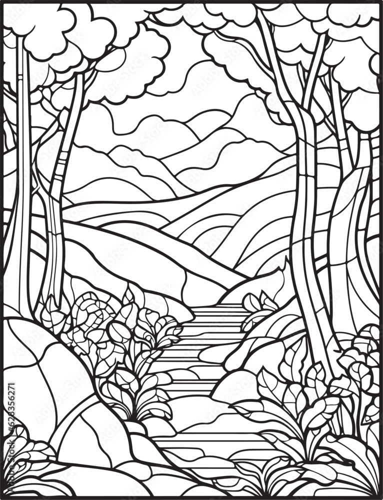 Forest landscape coloring page. Forest coloring book pages. Landscape ...