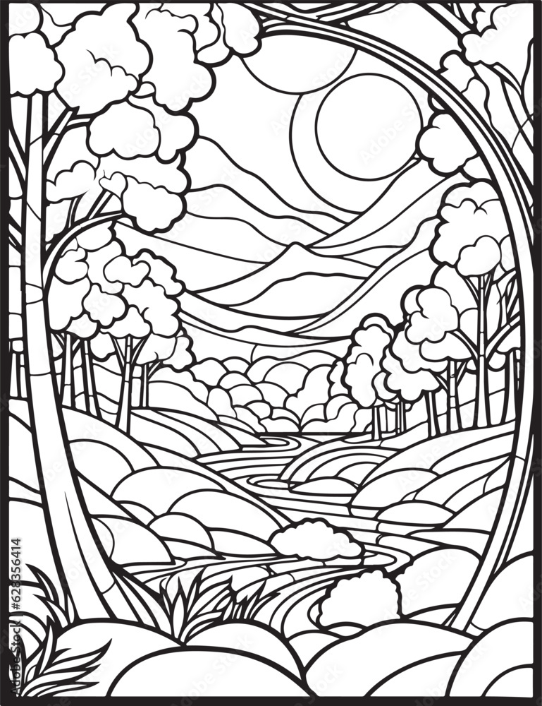 Forest landscape coloring page. Forest coloring book pages. Landscape ...