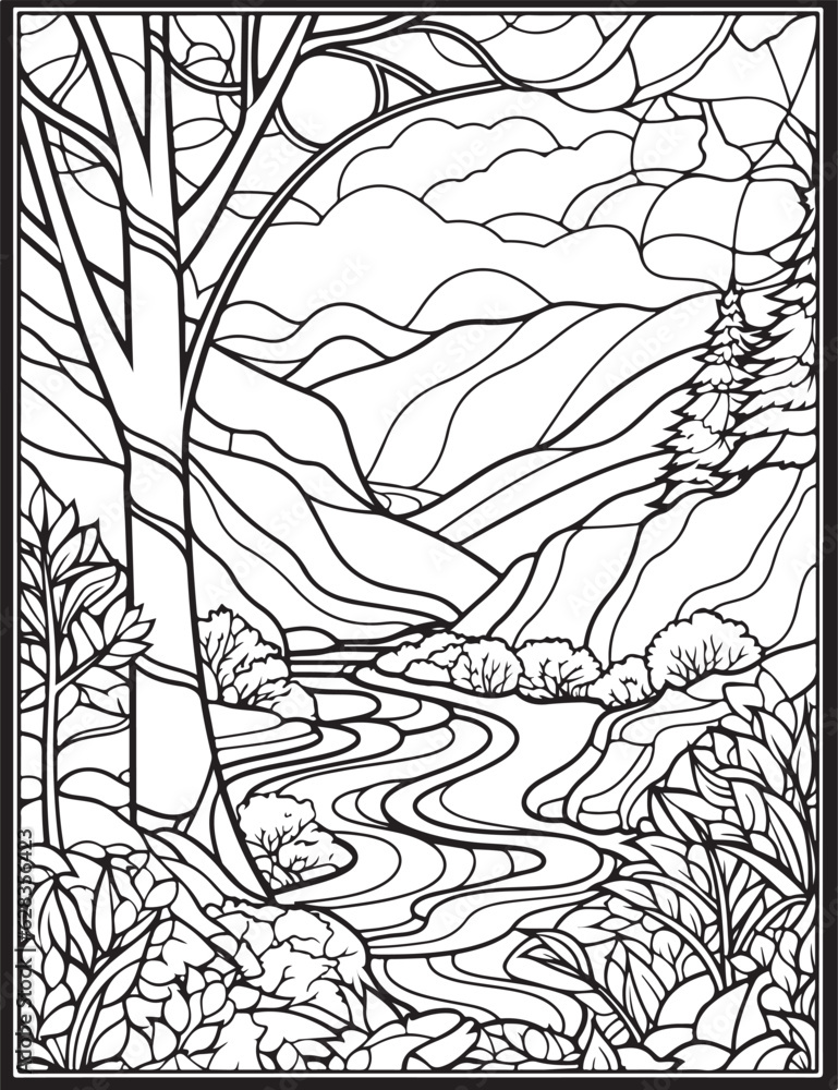 Forest landscape coloring page. Forest coloring book pages. Landscape ...