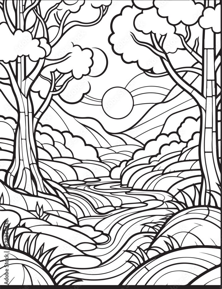 Forest landscape coloring page. Forest coloring book pages. Landscape ...