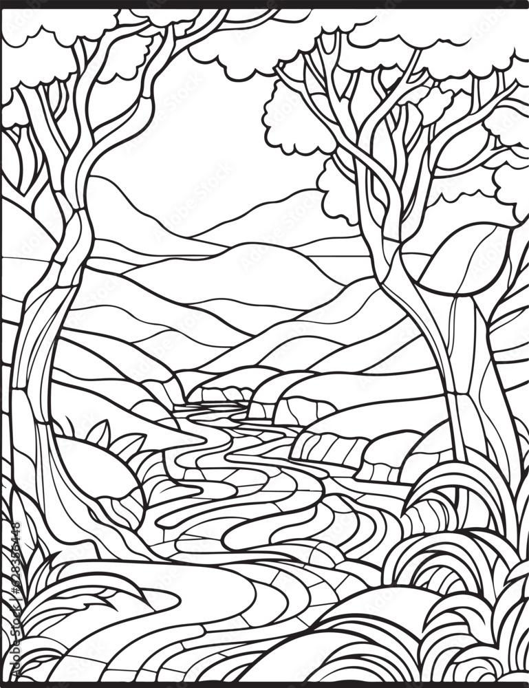 Forest landscape coloring page. Forest coloring book pages. Landscape ...