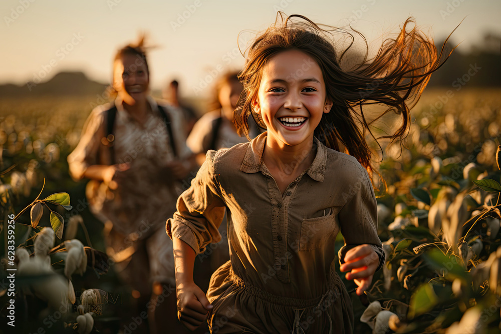 portrait of rural kids, happy face, running towards the camera, paddy ...