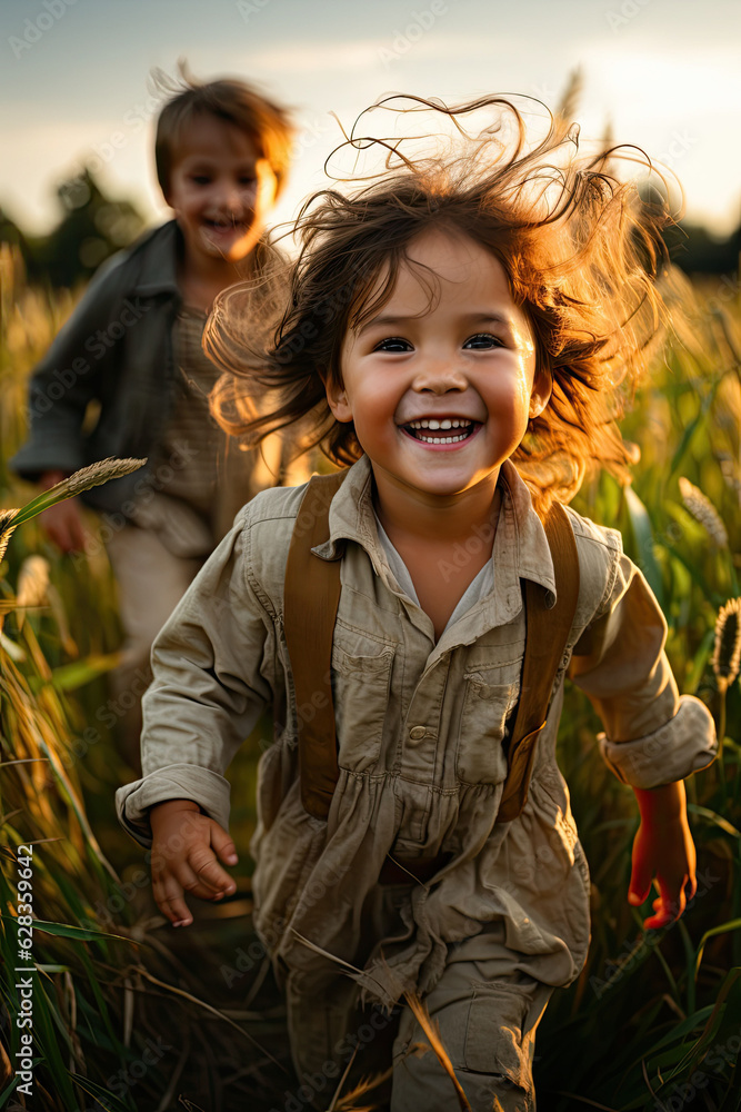 portrait of rural kids, happy face, running towards the camera, paddy ...