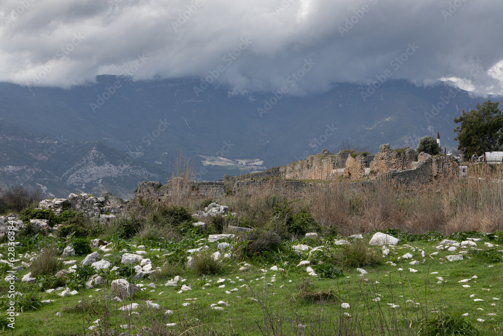 White stone ancient ruins and ruined walls. The remains of ancient ...