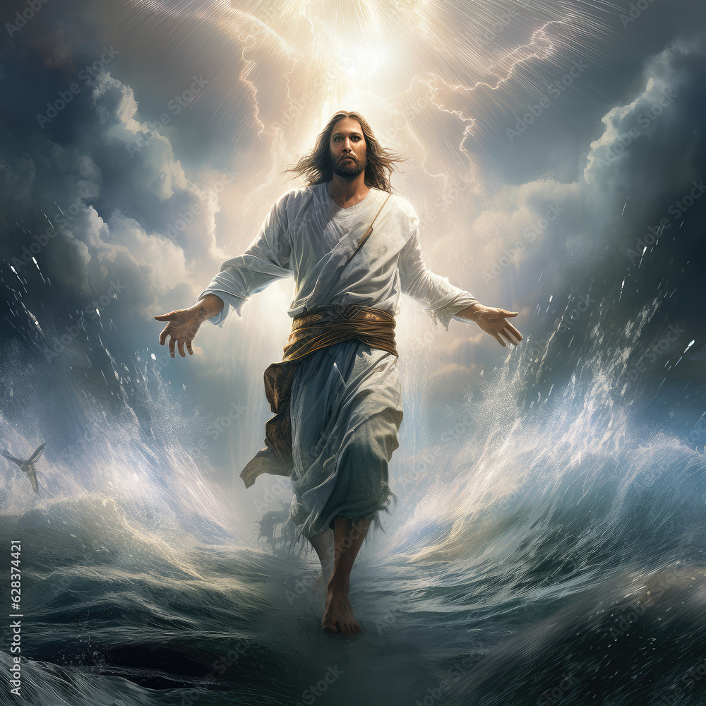 Lord Jesus Christ divine and walking on water with thunder and ...