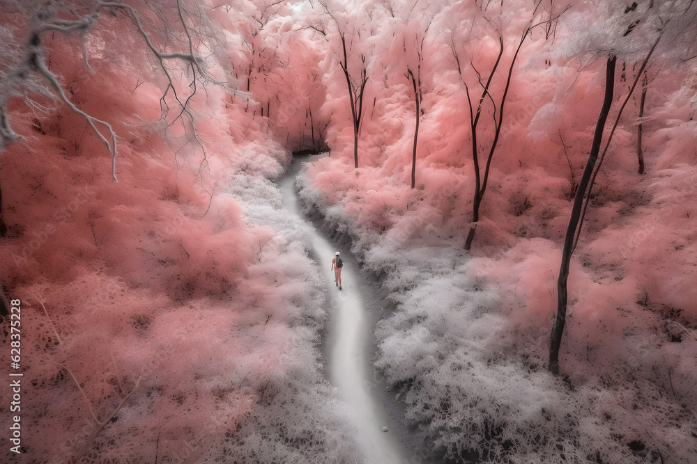 Infrared aerial view of a hiker trekking through a lush forest ...