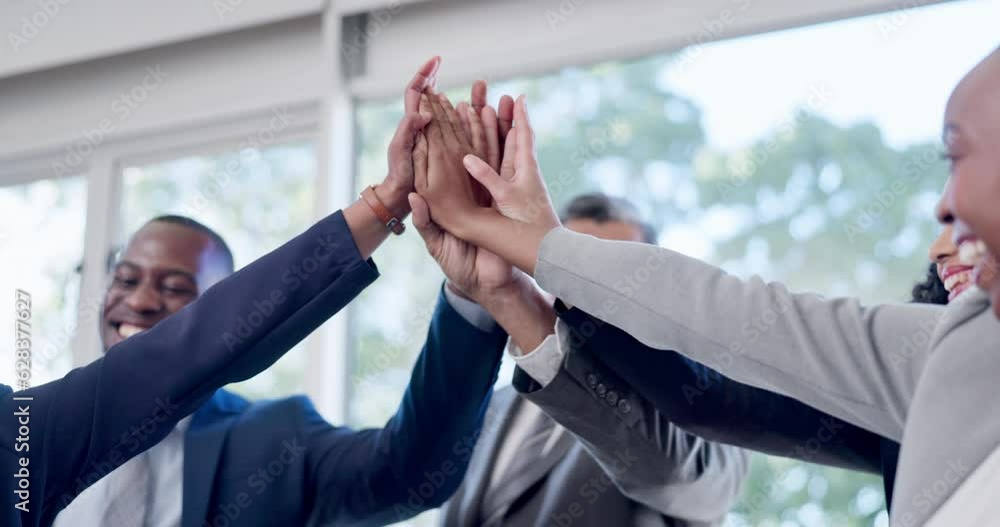 Business people, hands and high five in meeting for team building, motivation or support ...