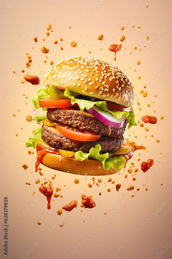 Flying hamburger with sauce splash, fast food concept. Stock Photo ...