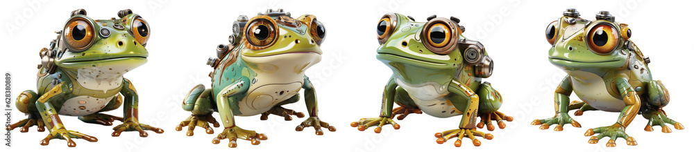 realistic illustration, cartoon of a robot frog on a transparent ...