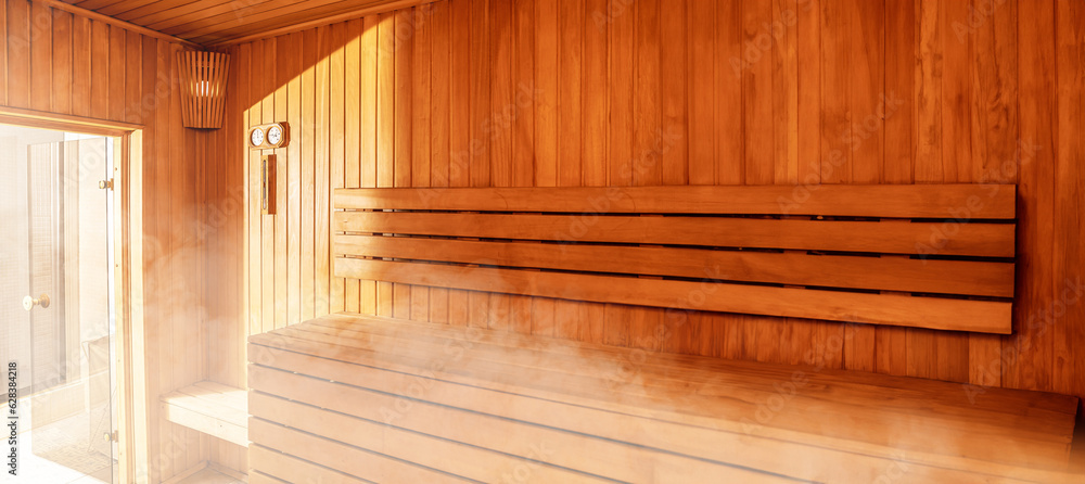 Interior of Finnish sauna, classic wooden sauna with hot steam. Russian ...