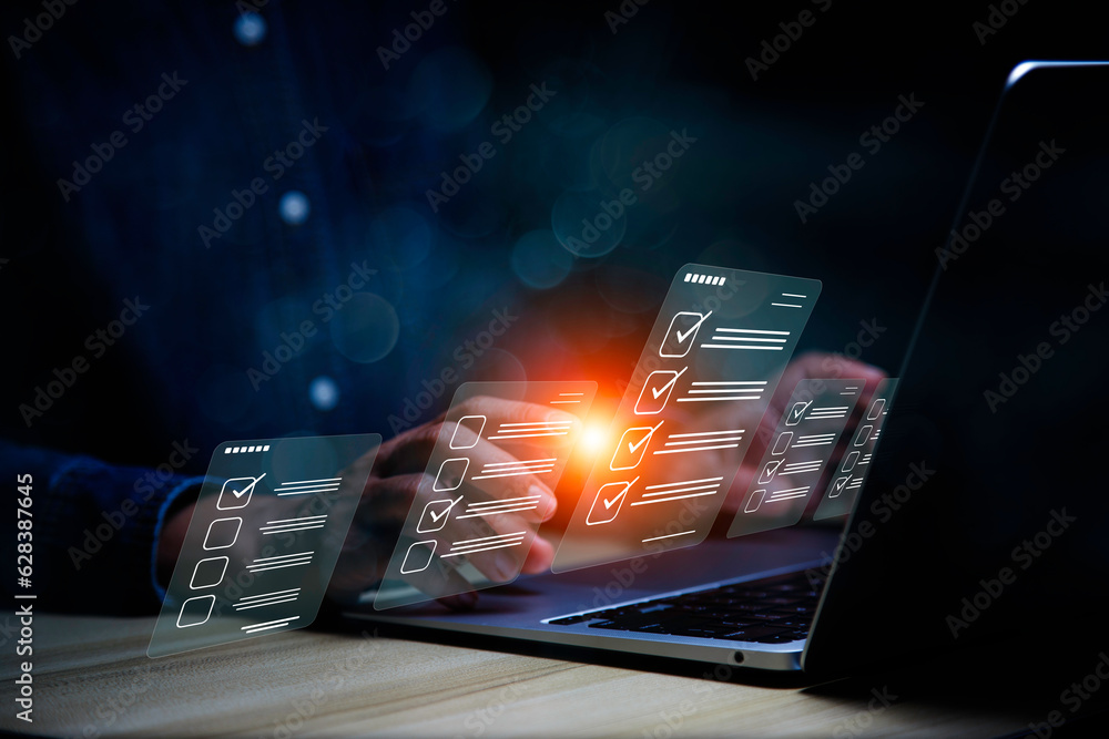 Checklist Online Documentation data Management. Businessman using ...